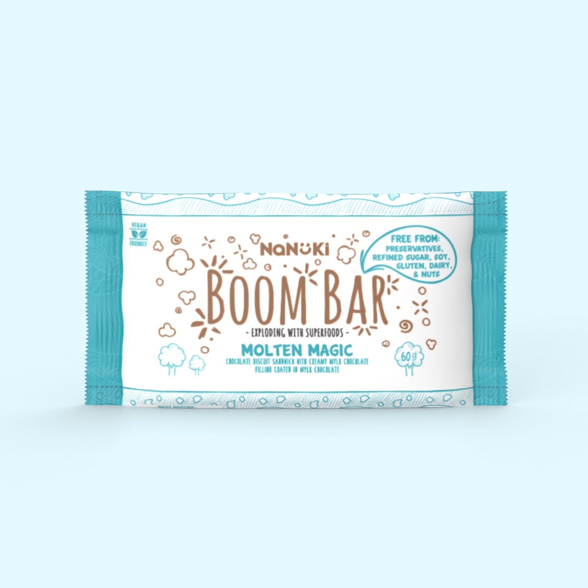Boom Bar Molten Magic Healthy SnacksA crunchy chocolate biscuit sandwi ...